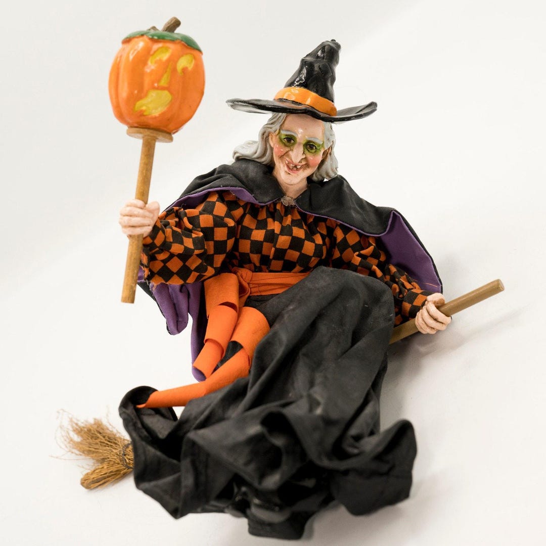 Vintage 10" Halloween Paper Mache Flying Hanging Witch on Broomstick ...