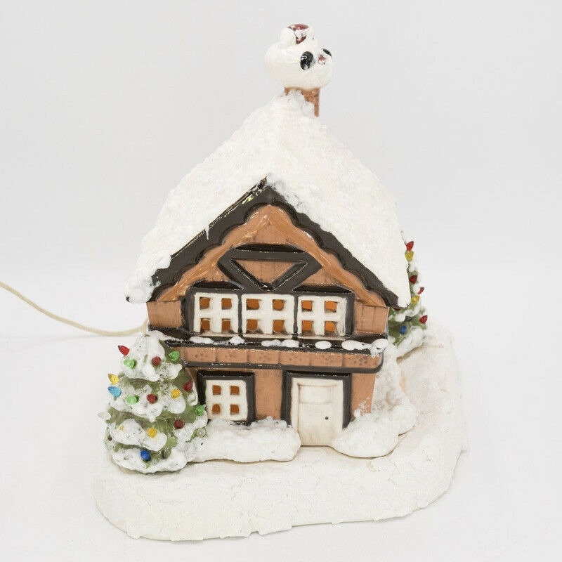 Vintage Ceramic Christmas House Large Two Light up Trees Santa With ...