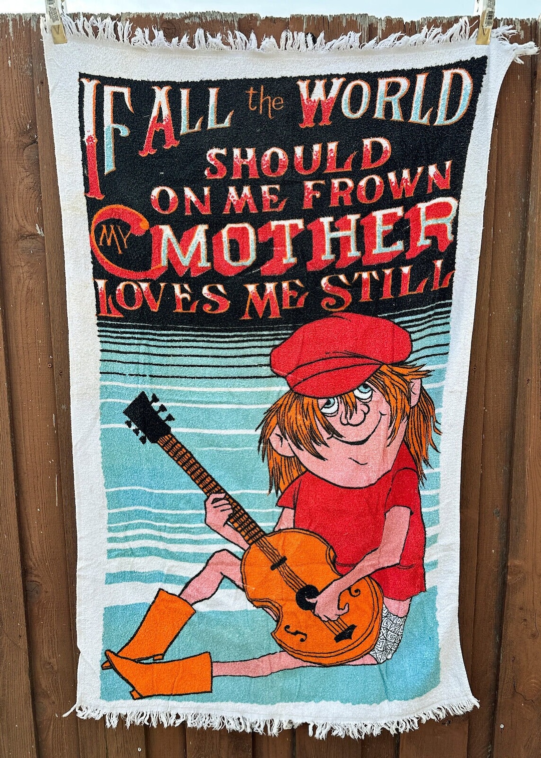 Vintage 1960s Beatnik Guitarist Novelty Beach Towel Mother Loves Me ...