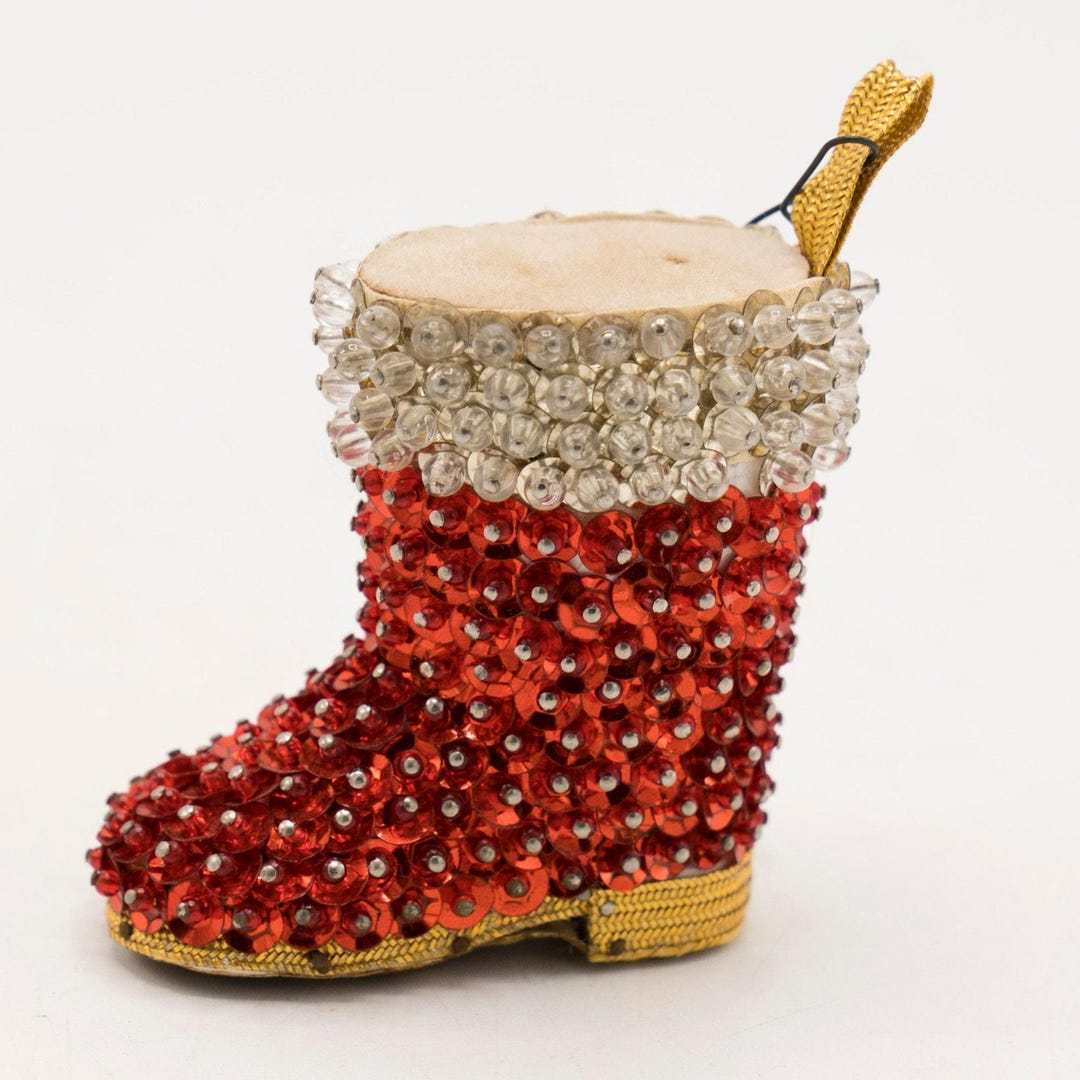 Vintage Santa's Boot Push Pin Christmas Ornament Sequins Beads Handmade ...