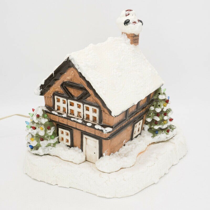 Vintage Ceramic Christmas House Large Two Light up Trees Santa With ...