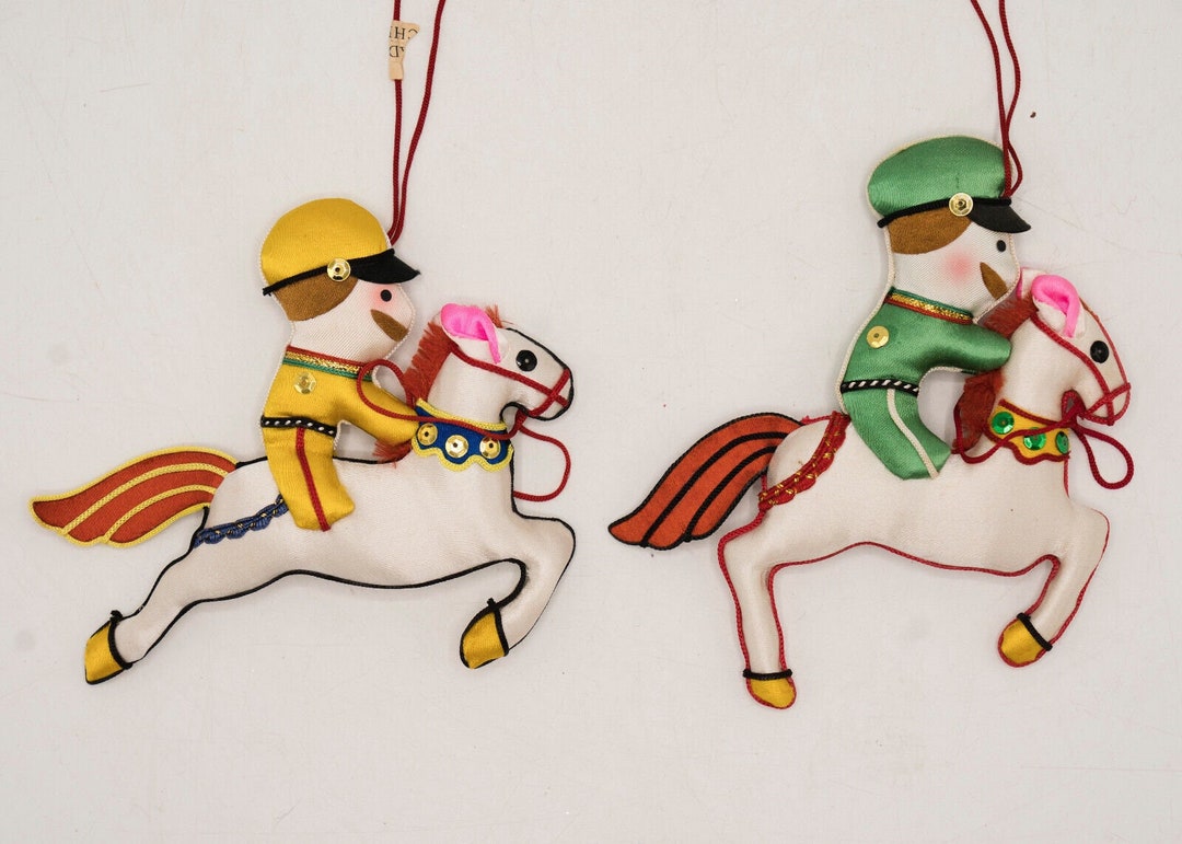 Lot of 2 Vintage Jockey Horse Rider Race Equestrian Satin Christmas ...