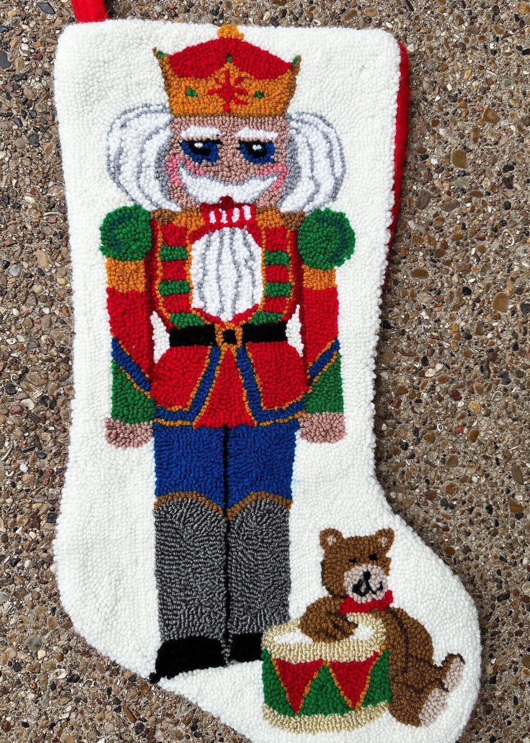 Vintage Nutcracker Soldier Teddy Drum 18 Christmas Stocking Yarn Latch ...