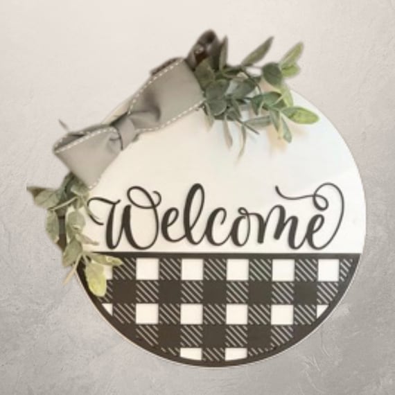 Rounded Welcome Sign With Buffalo Plaid Trim | Etsy