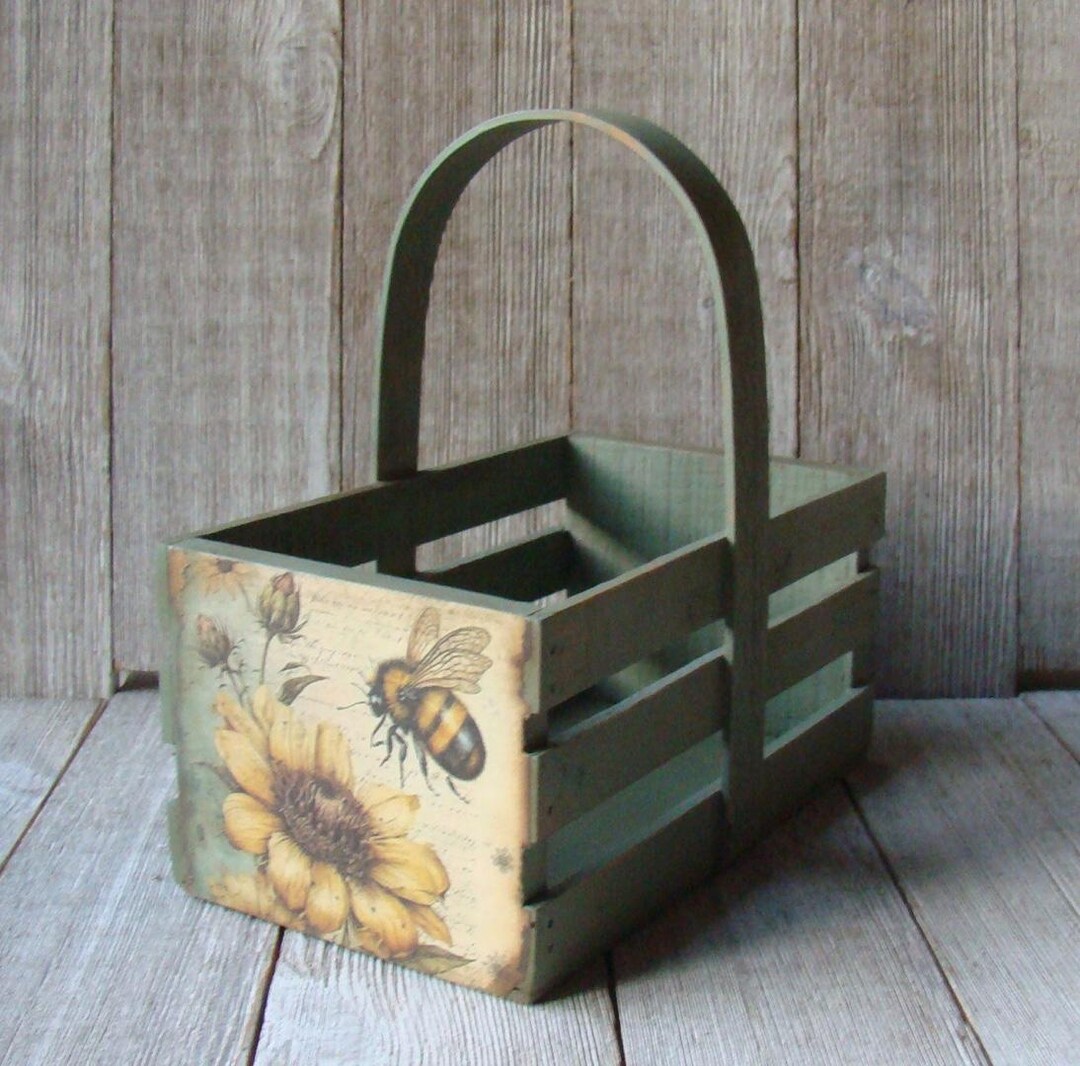 Green Wood Crate Tote Caddy Storage Box With Handle Decoupaged ...