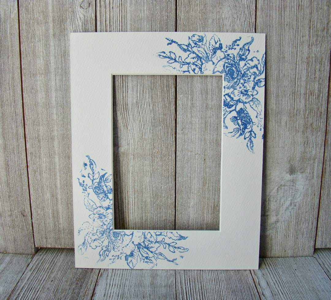 8 X 10 Frame Mat for 5 X 7 Photo White and Blue Mat Hand Stamped With ...