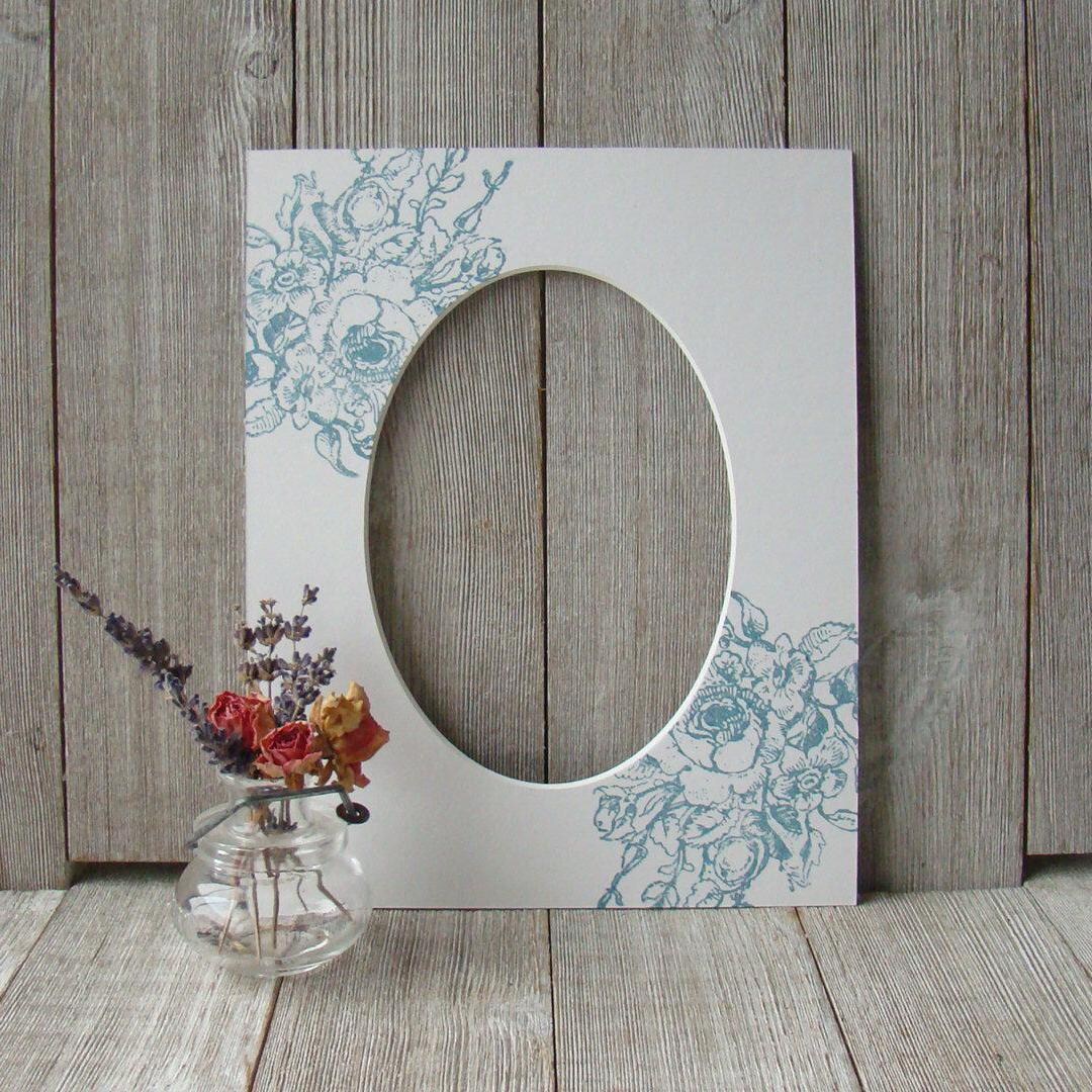 8 X 10 Frame Mat for 5 X 7 Oval Photo White and Blue Mat Hand Stamped ...