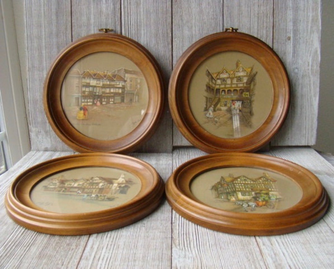 Set of 4 Framed Clyde Cole Lithographs Round Wood Frames - Etsy