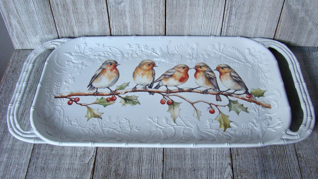 Hand Painted White Handled Tray With an IOD Yuletide Bird Transfer - Etsy
