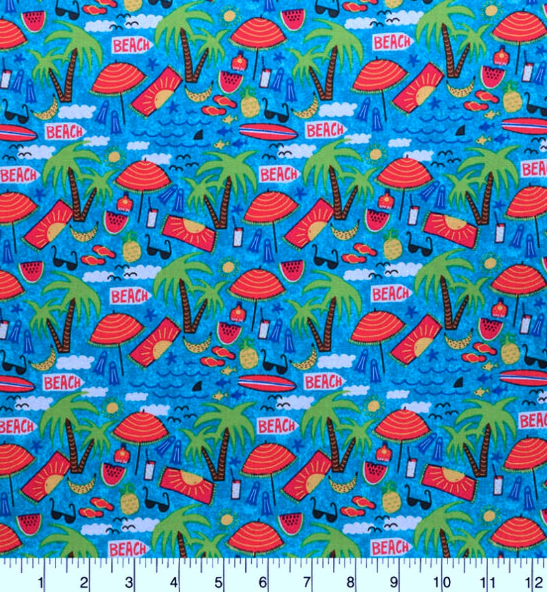 Beach Scene Fabric, 100% Cotton, LAST of This Novelty Fabric, By-the ...