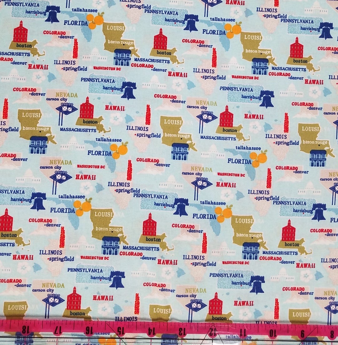 States on Blue, 100% Cotton, Novelty Fabric, By-the-yard, Travel ...