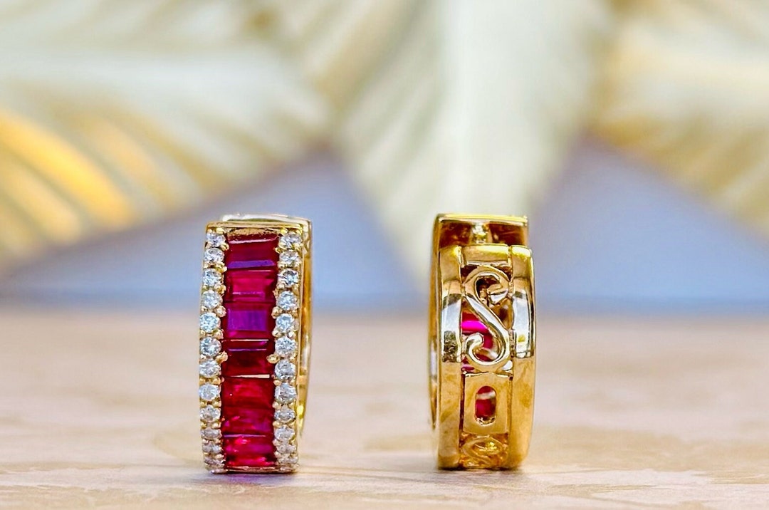 Effy Ruby/diamond Hoop Earrings 14 Karat Gold - Etsy