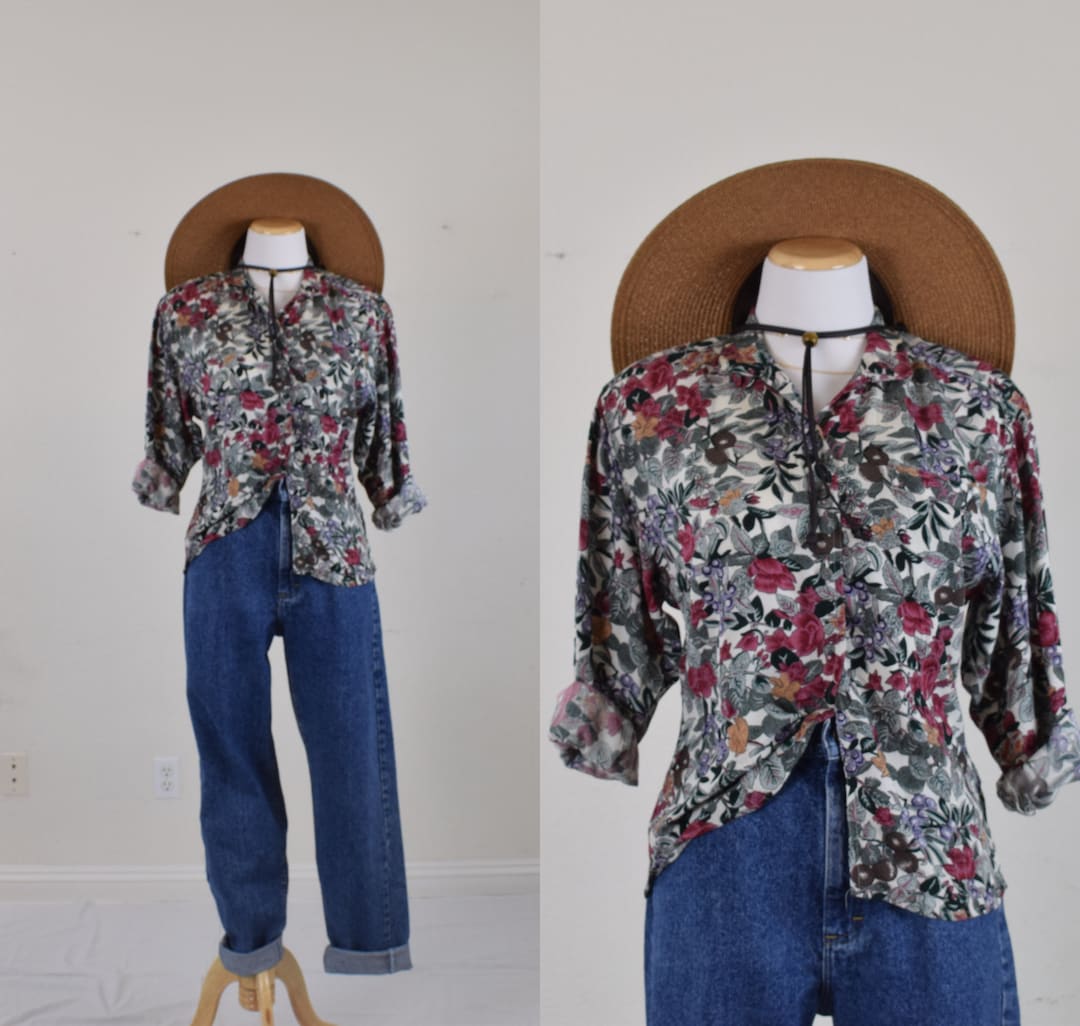 Vintage Rayon Floral Botanical Print Blouse 90's Blouse Size S - Etsy