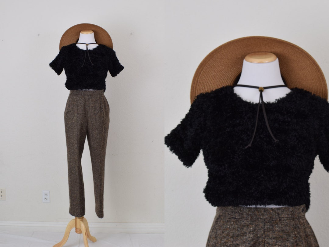 Vintage 80s Black Furry Poly Crop Blouse | Size L - Etsy