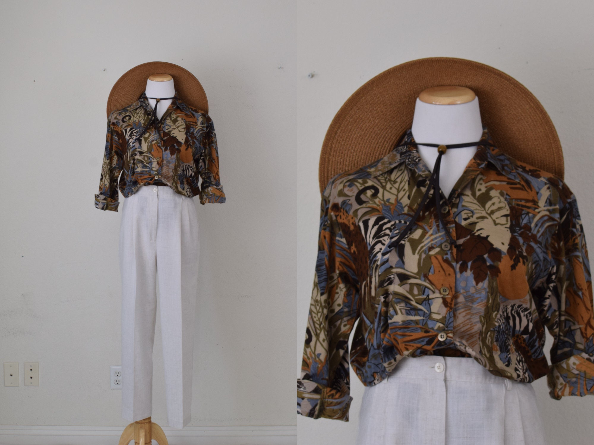 Vintage 70s Jaeger Animal Print Cotton/baumwolle Long Sleeve Blouse - Etsy
