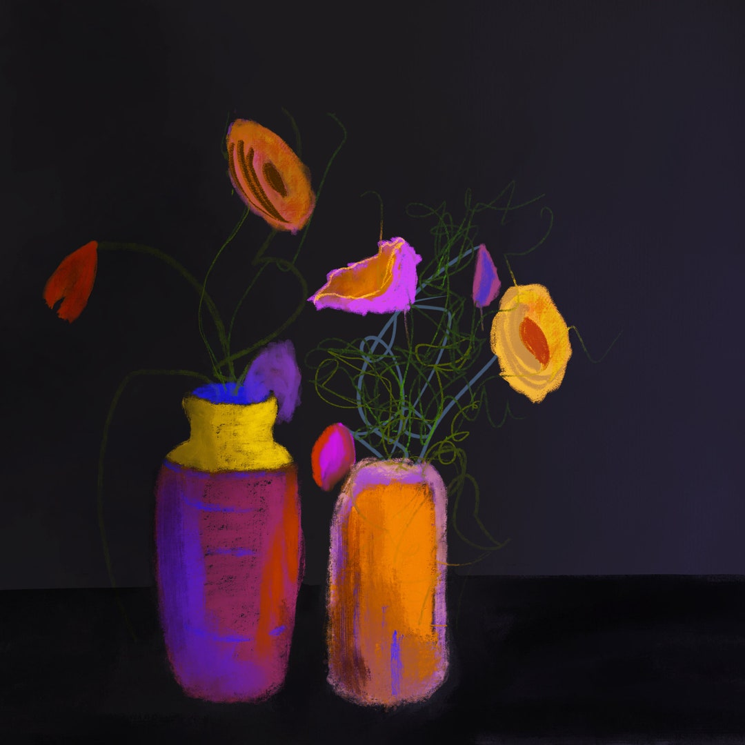 Funky Flower Vase Art, Aqua Flower Wall Art, Contemporary Art Black ...