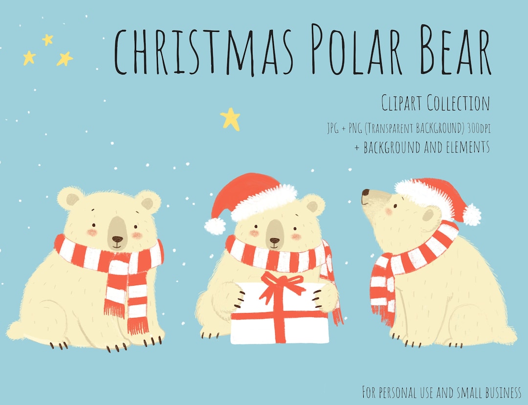 Christmas Polar Bear Clipart INSTANT DOWNLOAD, Cute Bear - Instant ...
