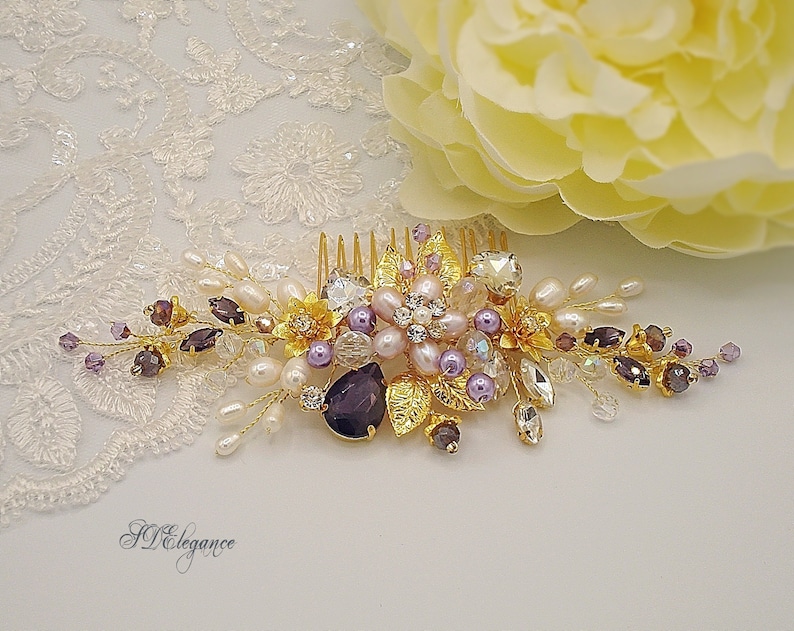 Purple Hair Comb, Freshwater Pearl Hair Comb, Gold Pearl Crystal Hair ...