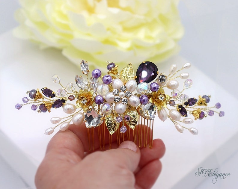 Purple Hair Comb, Freshwater Pearl Hair Comb, Gold Pearl Crystal Hair ...