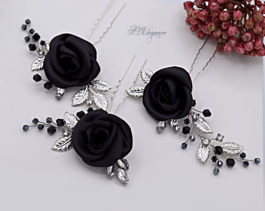 Black Rose Hair Pins, Black Flower Hair Pin, Gothic Wedding Hair Piece ...
