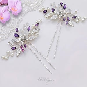 Purple Bridal Hair Pins, Lavender Hair Pin, Silver Wedding Hair Pin Set ...