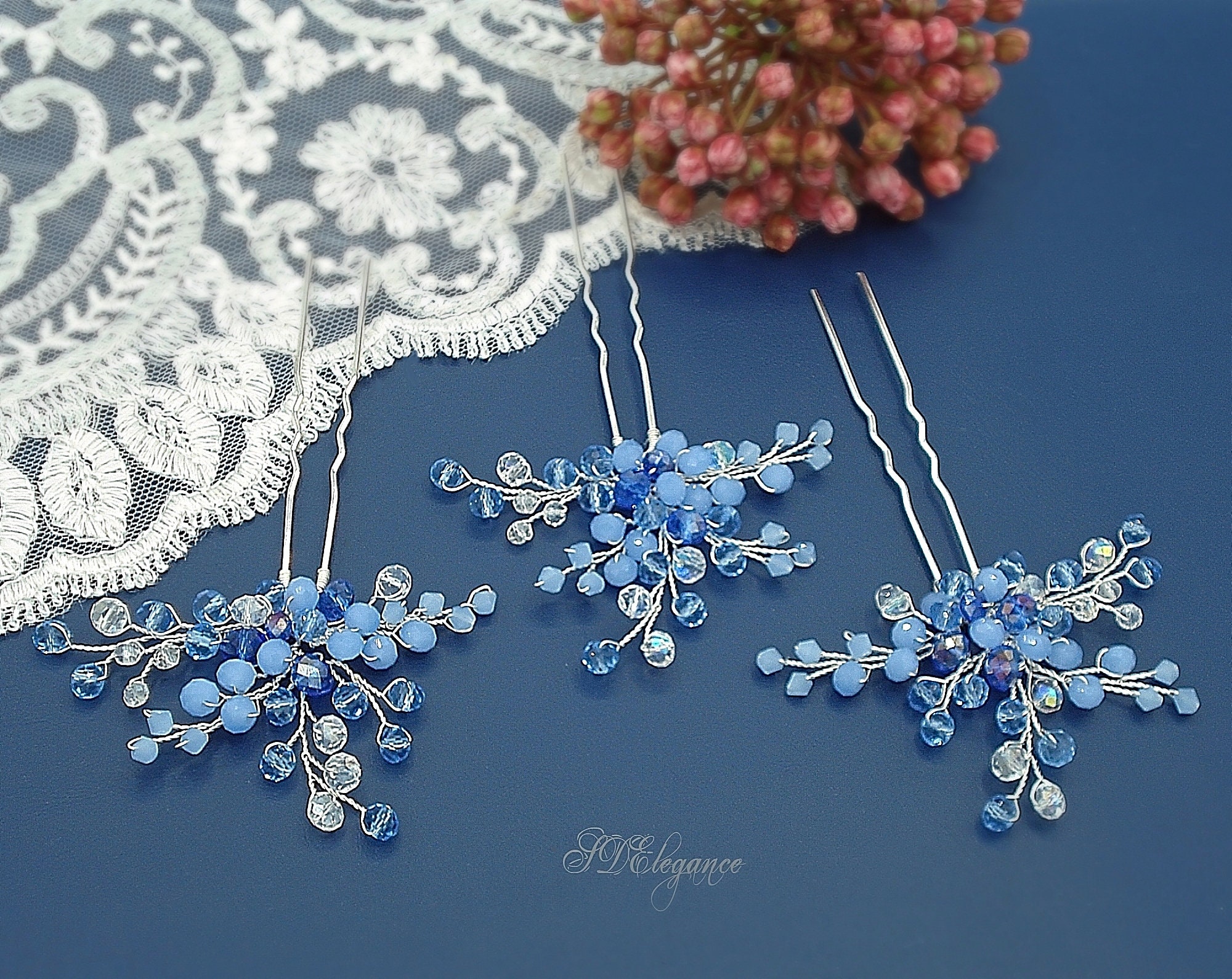 Dusty Blue Crystal Bridal Hair Pins, Sapphire Hair Jewelry, Bridesmaid ...