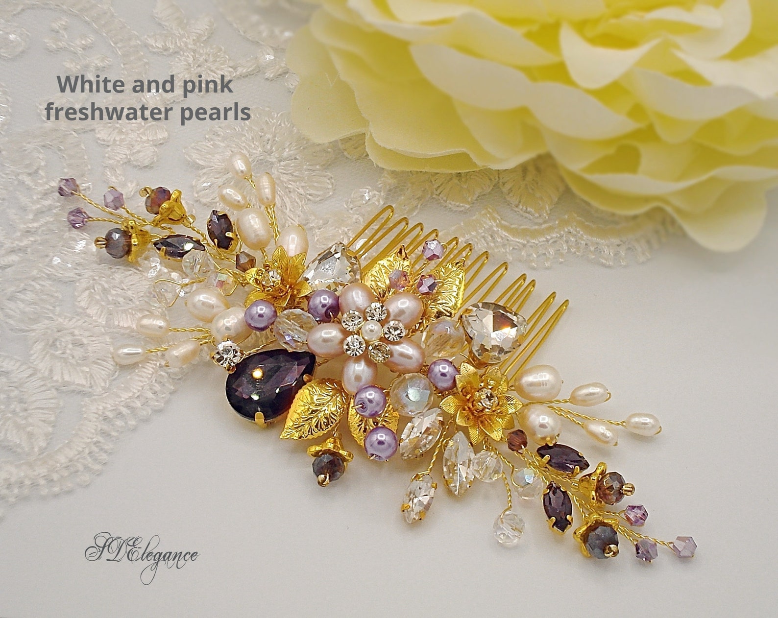 Purple Hair Comb Freshwater Pearl Hair Comb Gold Pearl | Etsy