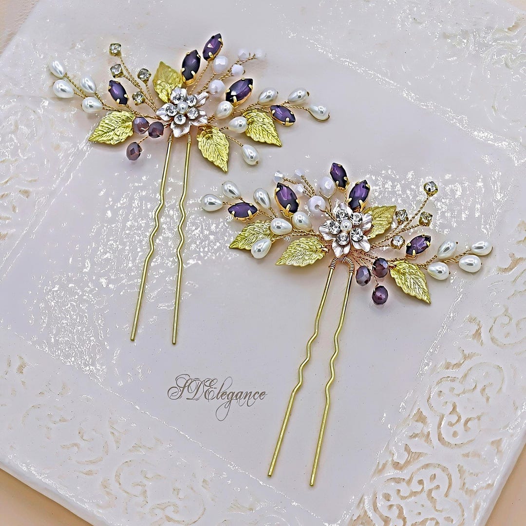 Gold or Silver Purple Bridal Hair Pins, Lavender Wedding Hair Pin Set ...