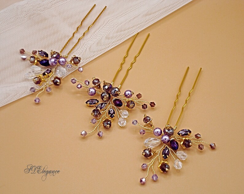 Lavender Hair Pins Wedding Purple Hair Pin Set Gold Crystal - Etsy