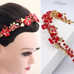 Red Wedding Tiara, Red Crystal Crown, Red Bridal Headband, Red & Gold ...
