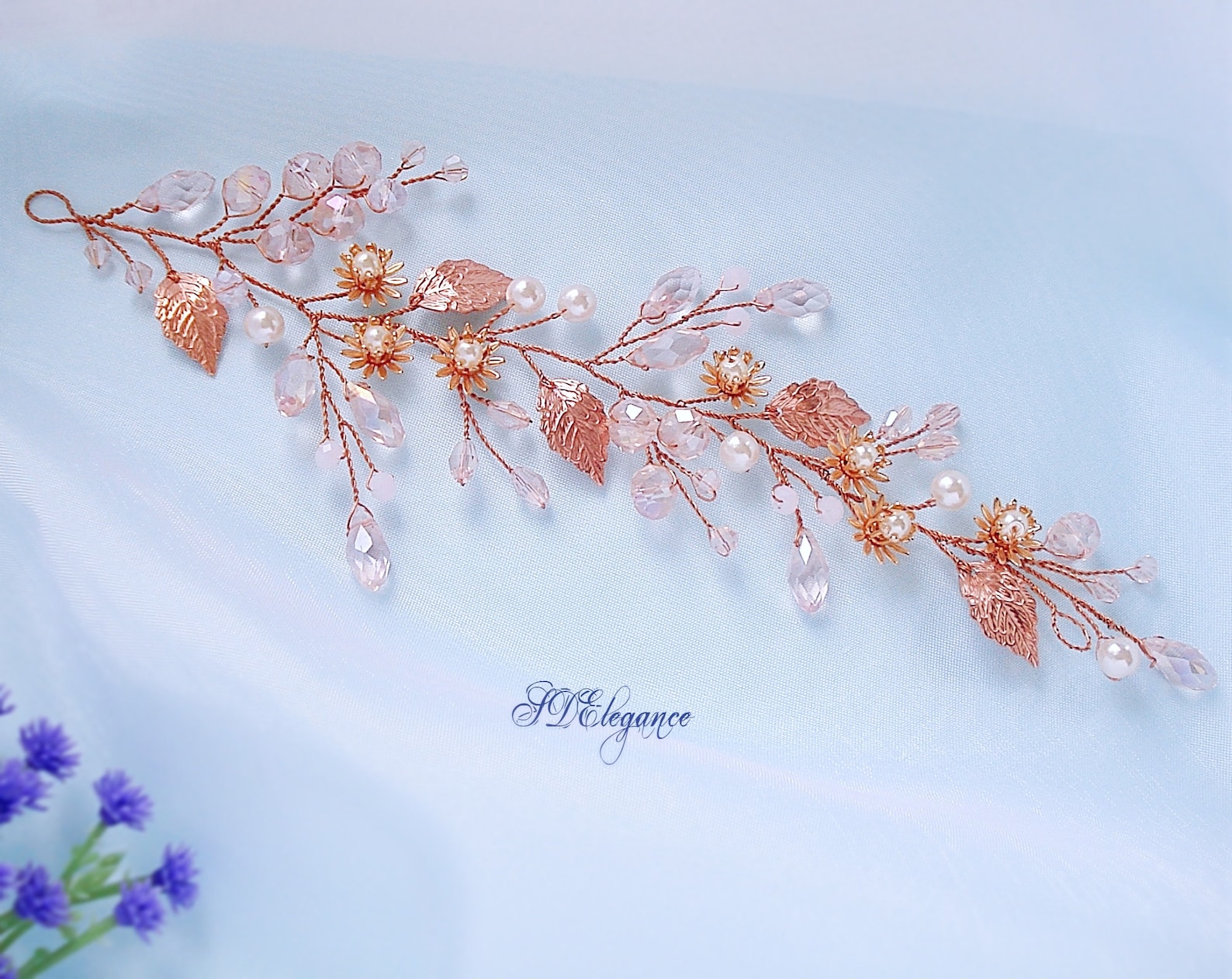 Rose Gold Flower Hair Vine, Rose Gold Bridal Hairpiece, Pearl Crystal ...