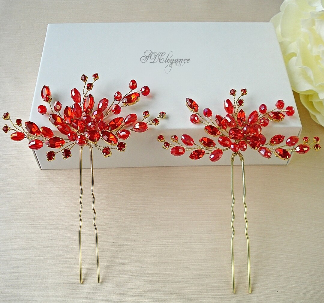 Red Crystal Hair Pins, Bridal Hair Pins, Gold Hair Pin, Red Swarovski ...