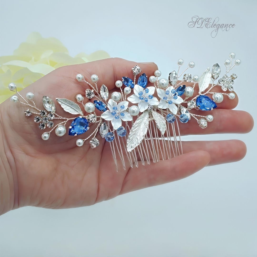 Blue Bridal Hair Comb, Navy Blue Headpiece, Silver Wedding Hair Comb ...