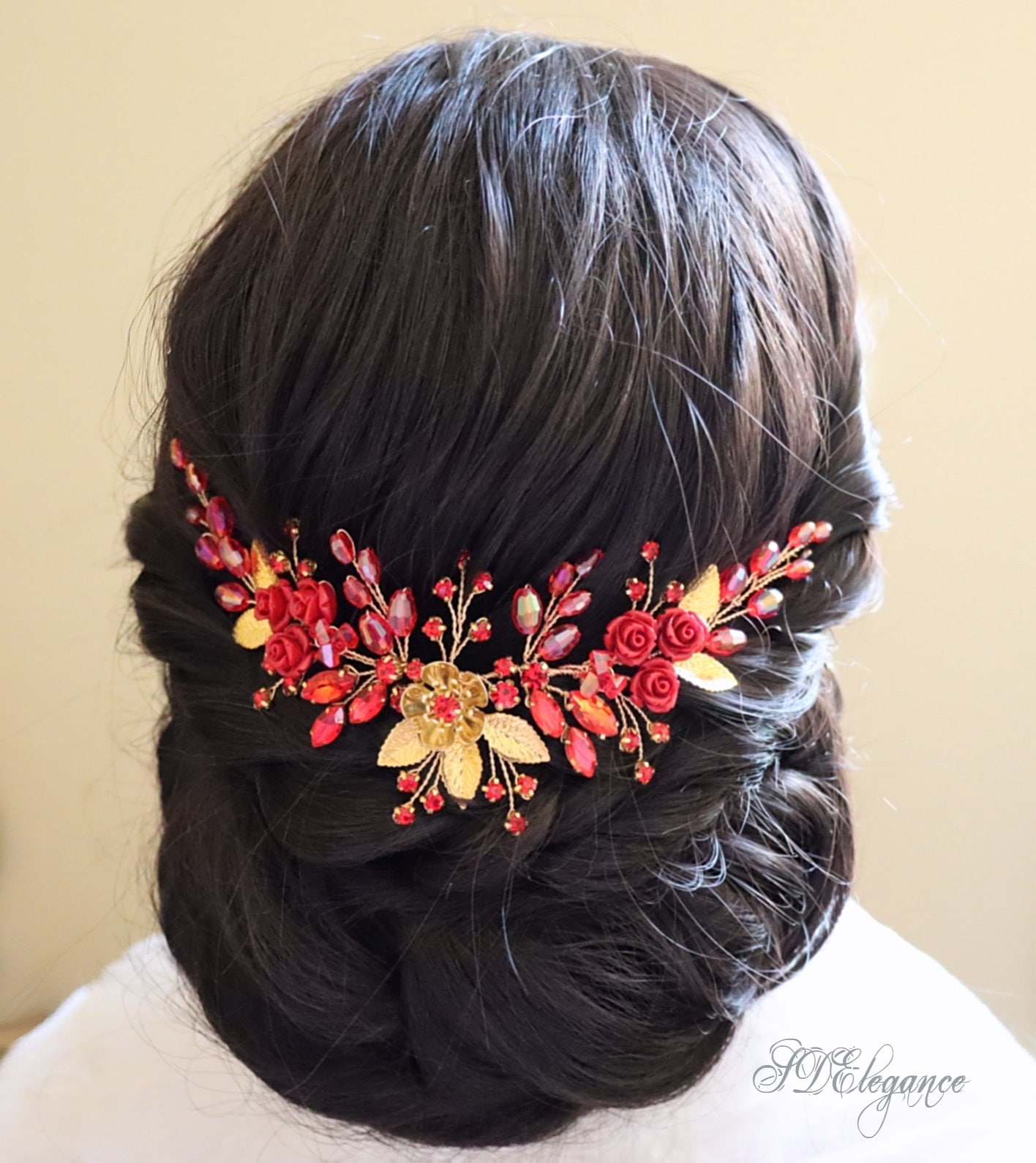 Red Bridal Hair Vine Red Rose Floral Headpiece Swarovski - Etsy