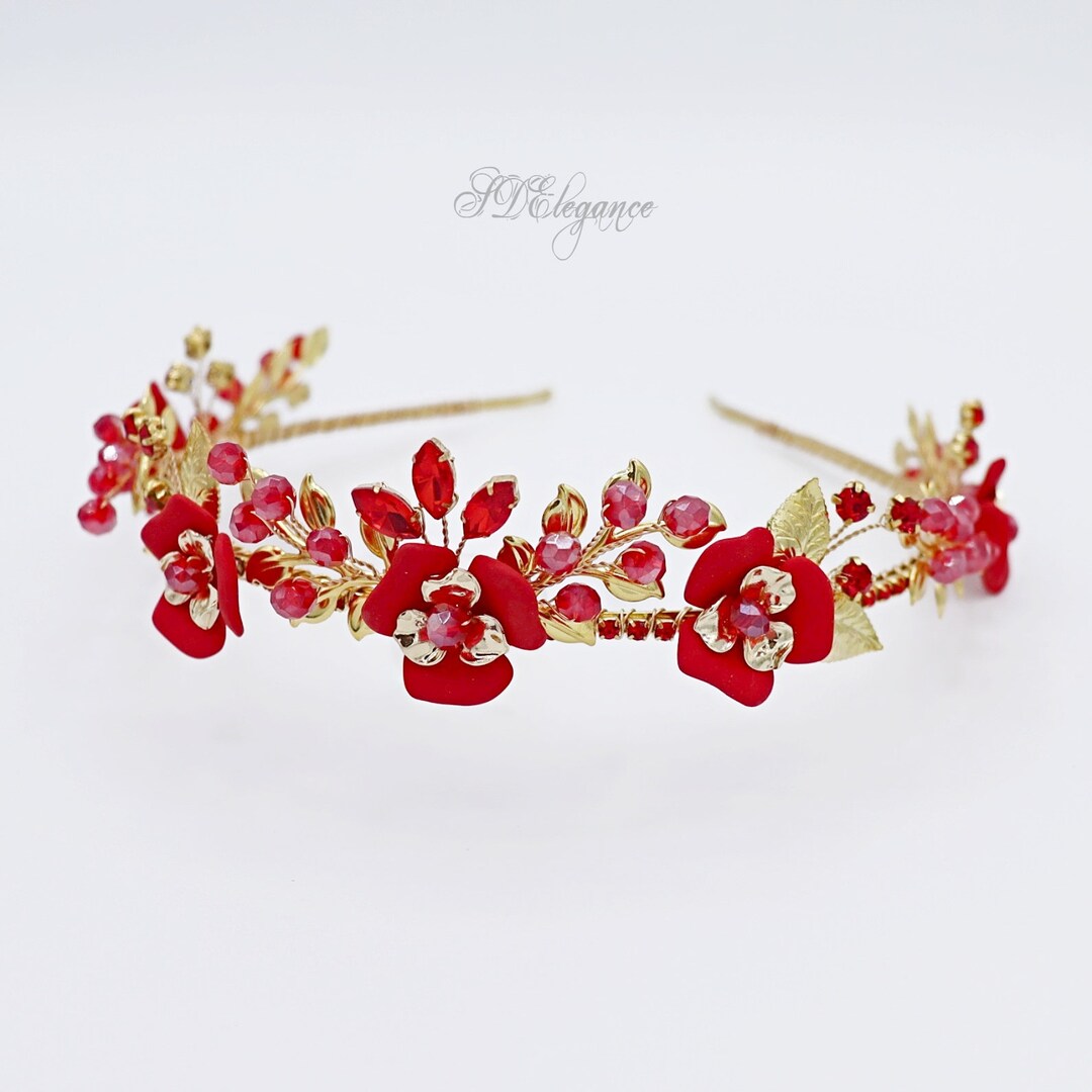 Red Wedding Tiara, Red Crystal Crown, Red Bridal Headband, Red & Gold ...
