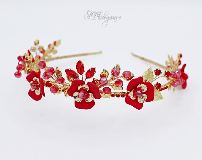 Red Wedding Tiara, Red Crystal Crown, Red Bridal Headband, Red & Gold ...