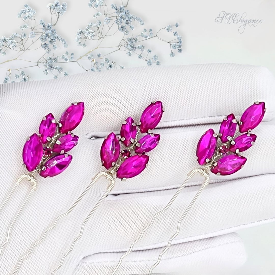 Fuchsia Pink Crystal Hair Pin Set of 3, Hot Pink Hair Pins for Bride ...