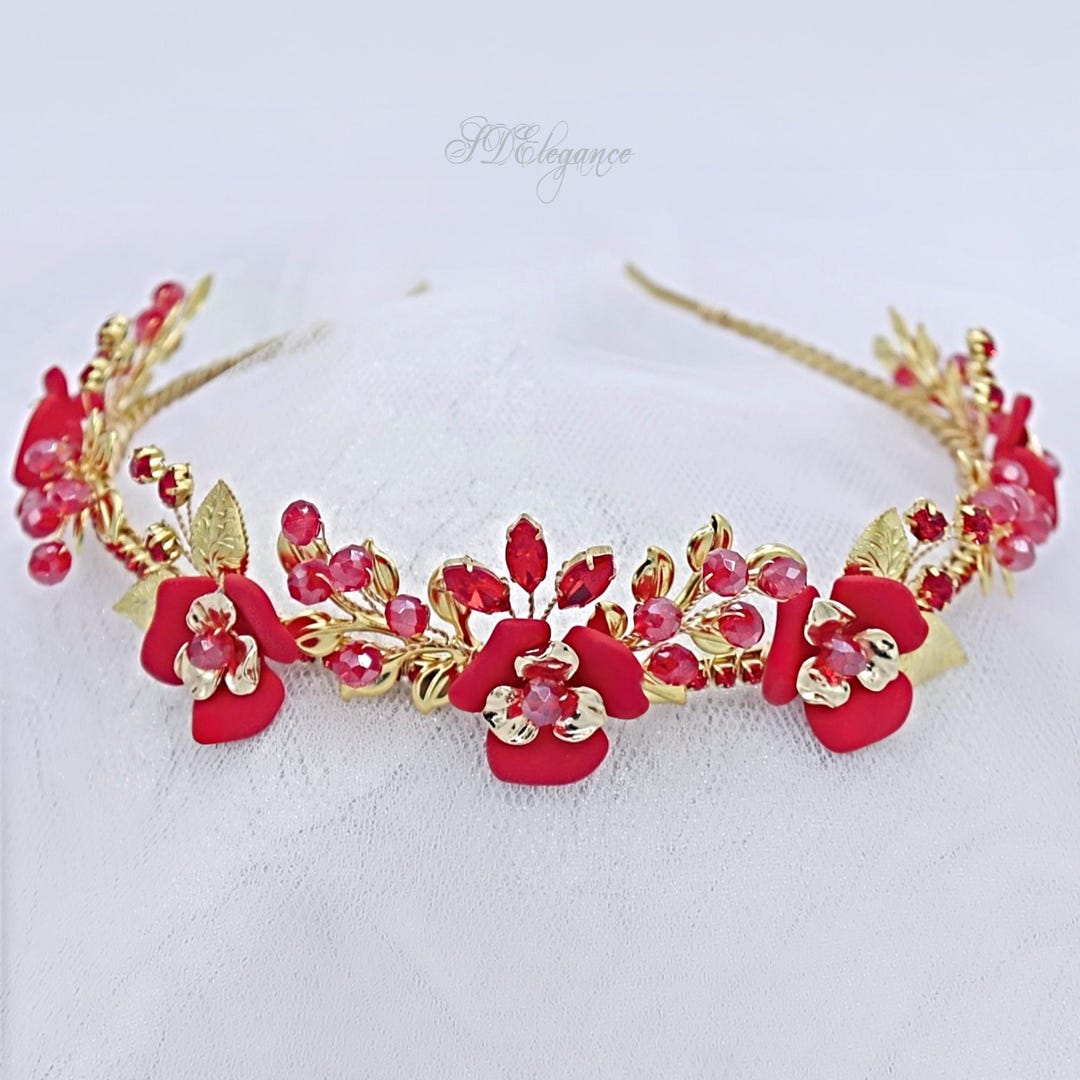 Red Wedding Tiara, Red Crystal Crown, Red Bridal Headband, Red & Gold ...