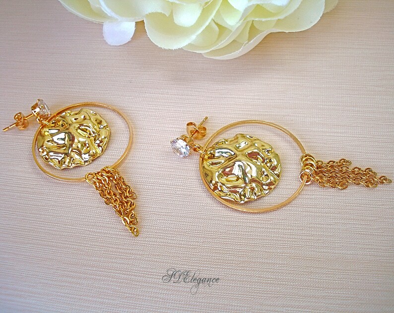 Gold Disc Earrings With Chain Fringe Long Dangle Hoop - Etsy