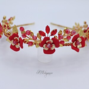 Red Wedding Tiara, Red Crystal Crown, Red Bridal Headband, Red & Gold ...