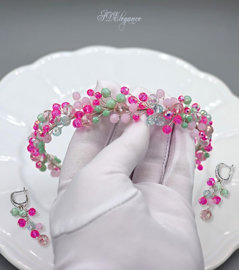 Fuchsia Sage Green Crystal Headband Earrings Set, Beaded Tiara, Summer ...