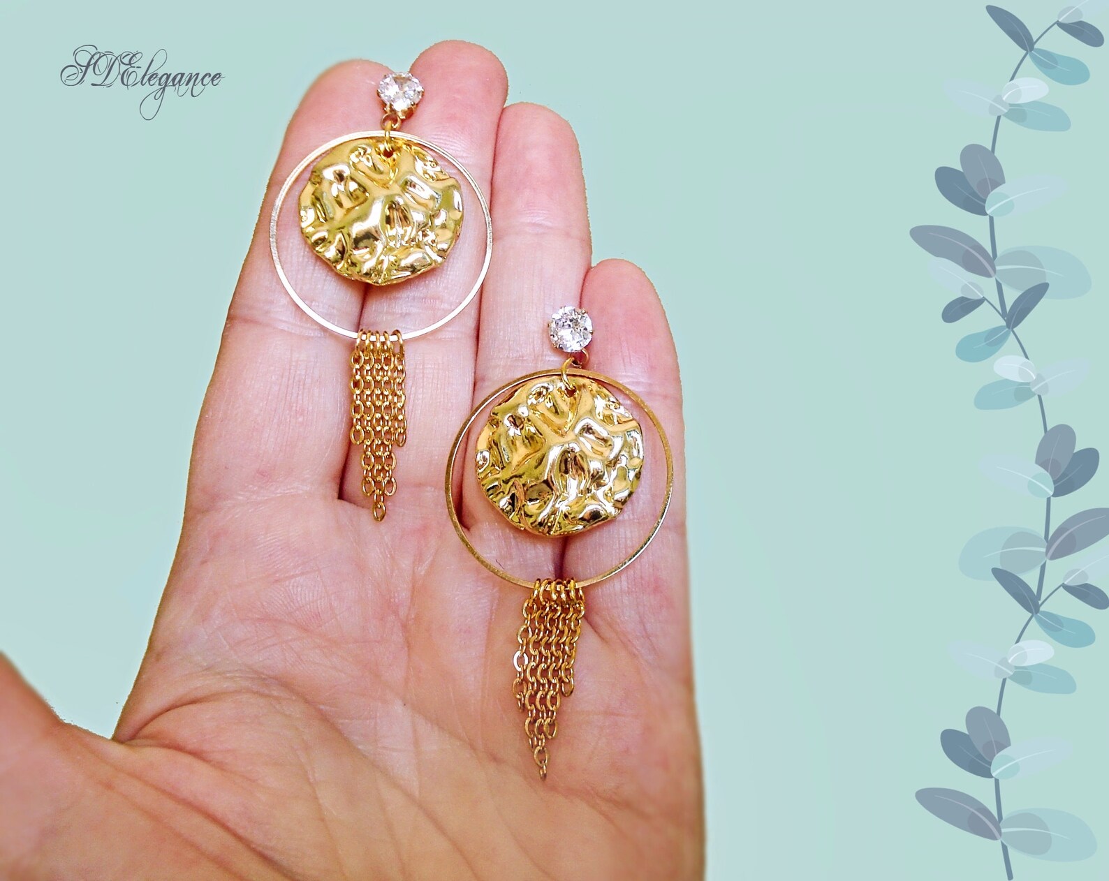 Gold Disc Earrings with Chain Fringe Long Dangle Hoop | Etsy