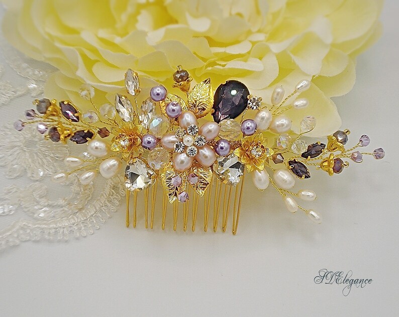 Purple Hair Comb, Freshwater Pearl Hair Comb, Gold Pearl Crystal Hair ...