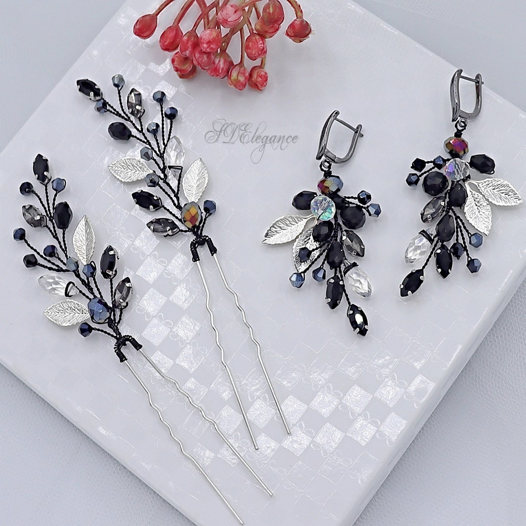 Black Jewelry Set, Gothic Wedding Hair Pins, Black Hair Pins, Black ...
