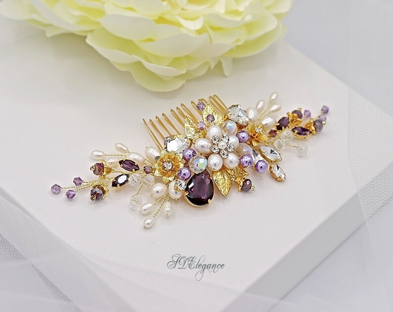 Purple Hair Comb, Freshwater Pearl Hair Comb, Gold Pearl Crystal Hair ...