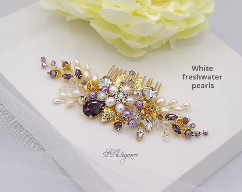 Purple Hair Comb, Freshwater Pearl Hair Comb, Gold Pearl Crystal Hair ...