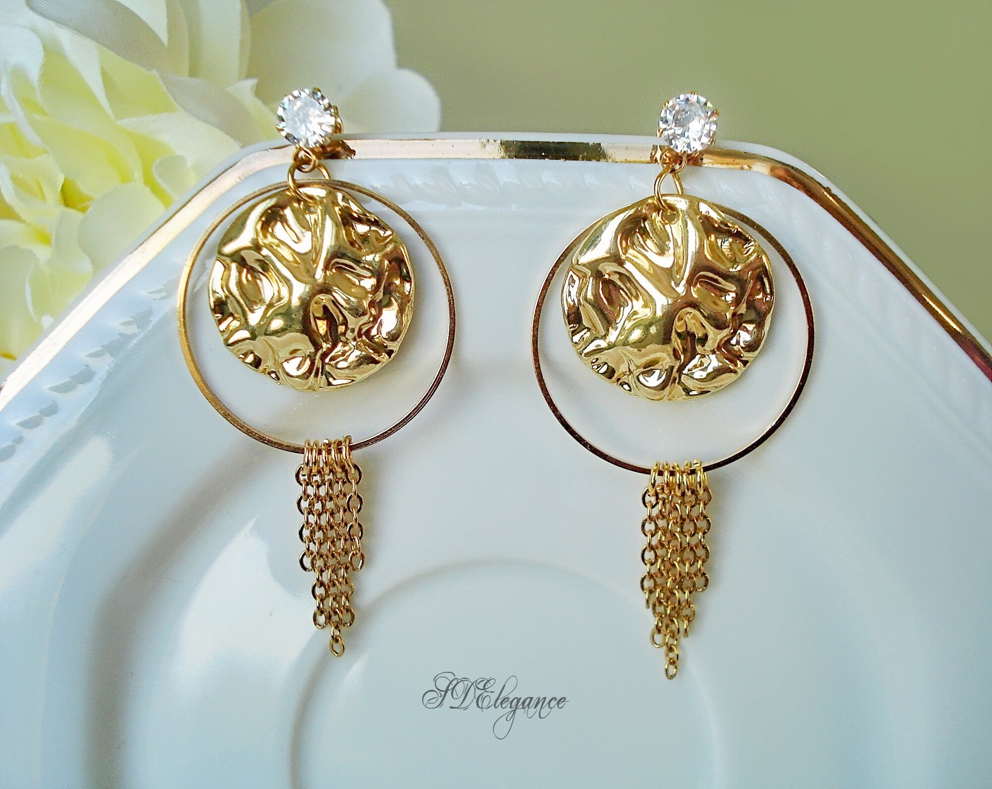 Gold Disc Earrings with Chain Fringe Long Dangle Hoop | Etsy