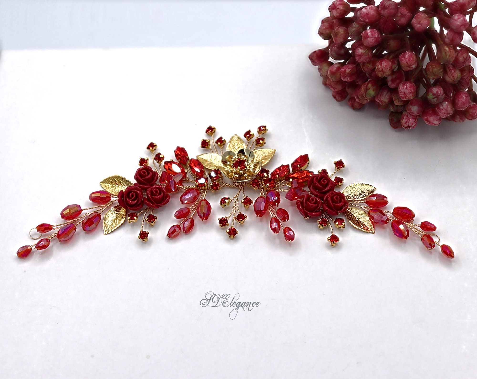 Red Bridal Hair Vine Red Rose Floral Headpiece Swarovski - Etsy