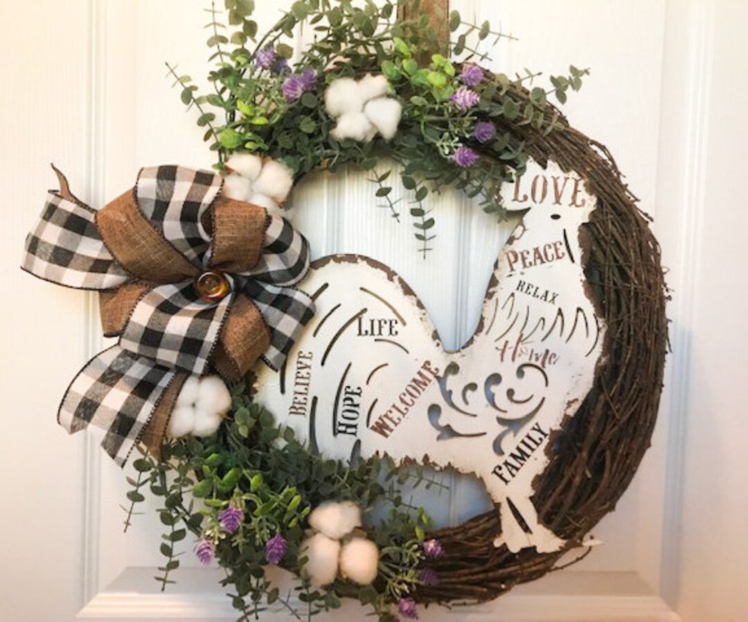 Farmhouse Chicken Welcome Wreath, Eucalyptus, Lavender, and Cotton - Etsy
