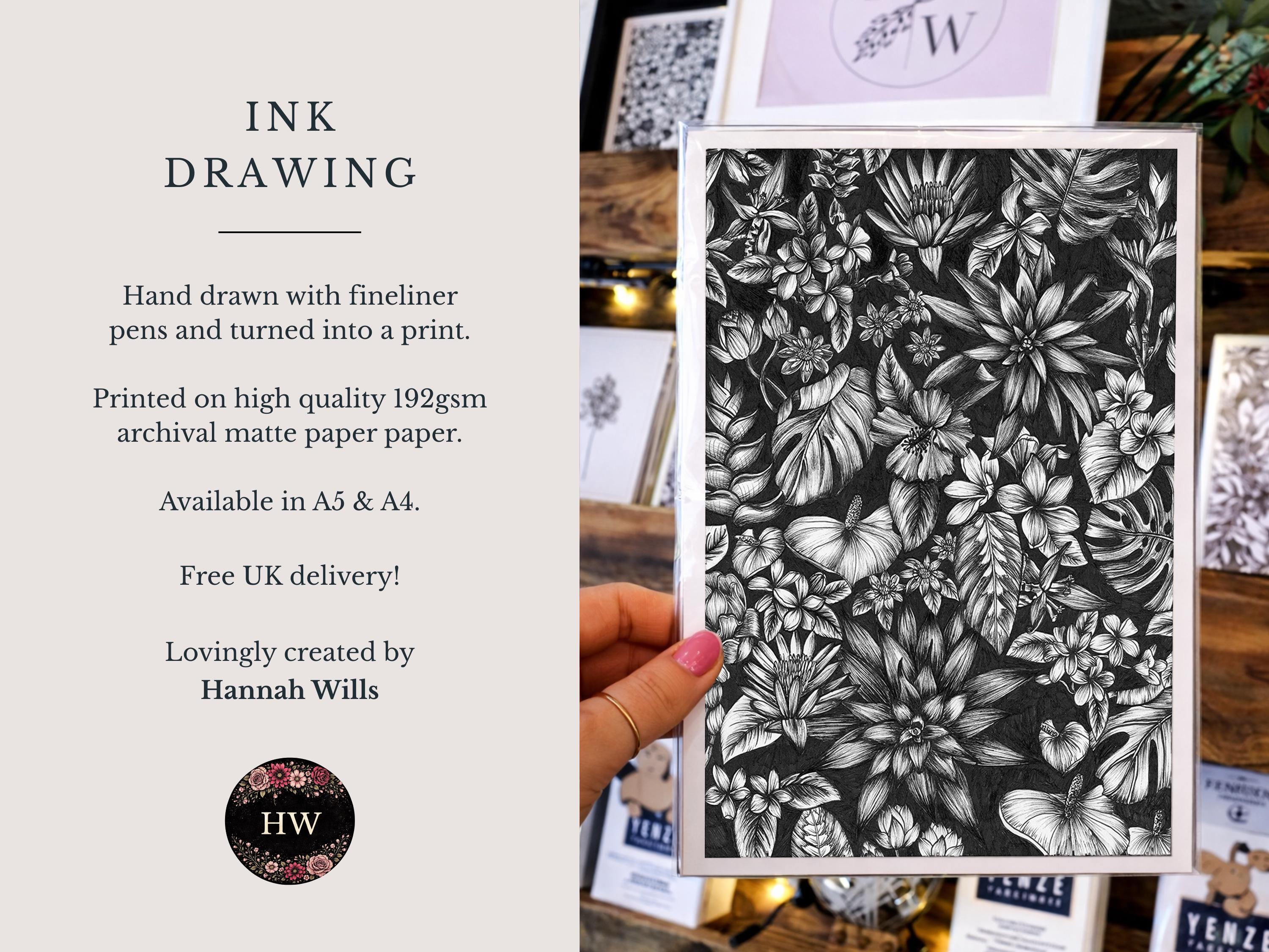 Botanical Ink Drawing Print | Black and White Floral Wall Art, Nature ...